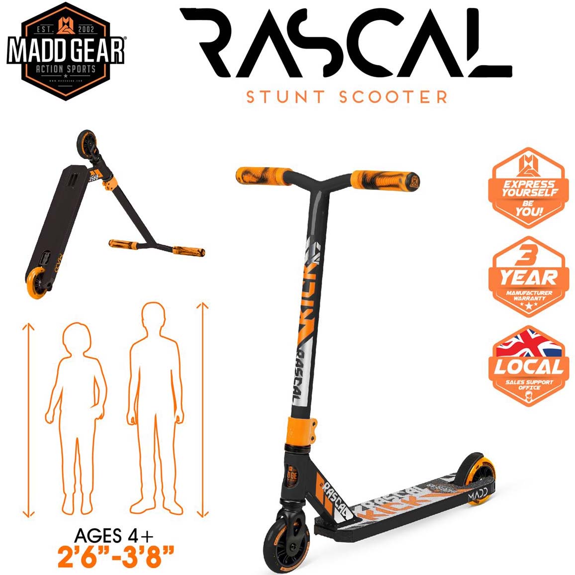 Madd Gear Kick Mini Pro Rascal IV Stunt Scooter - Black/Orange | SkateHut