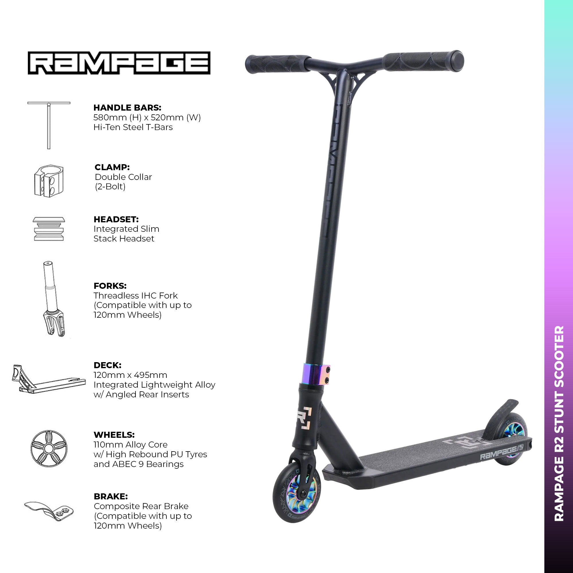 Rampage R2 2023 Complete Stunt Scooter - Black/Neochrome | SkateHut