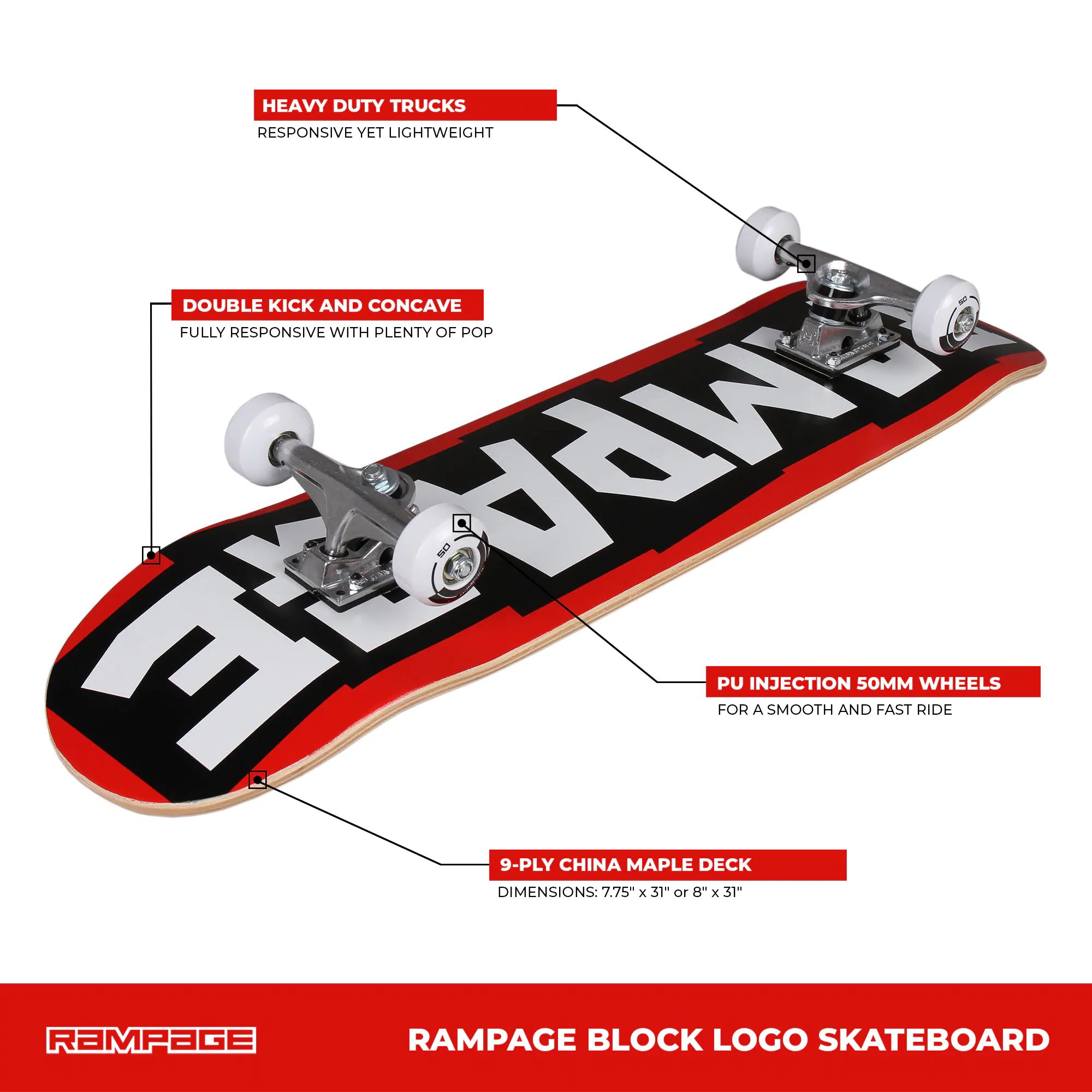 Rampage Block Logo Complete Skateboard - Red/Black 8" | SkateHut